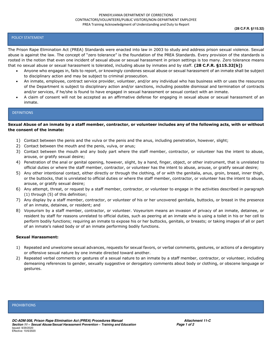 Pennsylvania Prea Training Acknowledgment of Understanding and Duty to ...