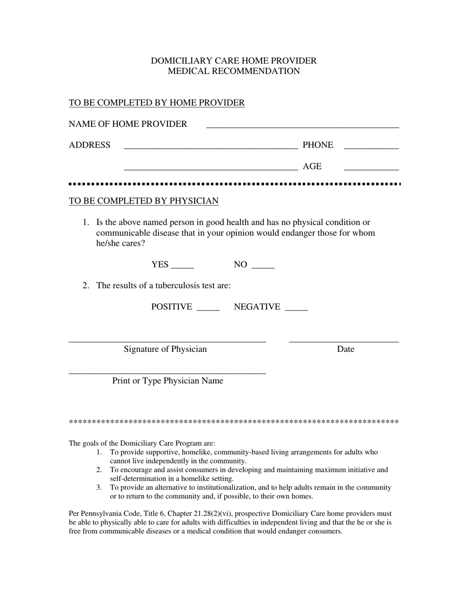 Pennsylvania Domiciliary Care Home Provider Medical Recommendation ...
