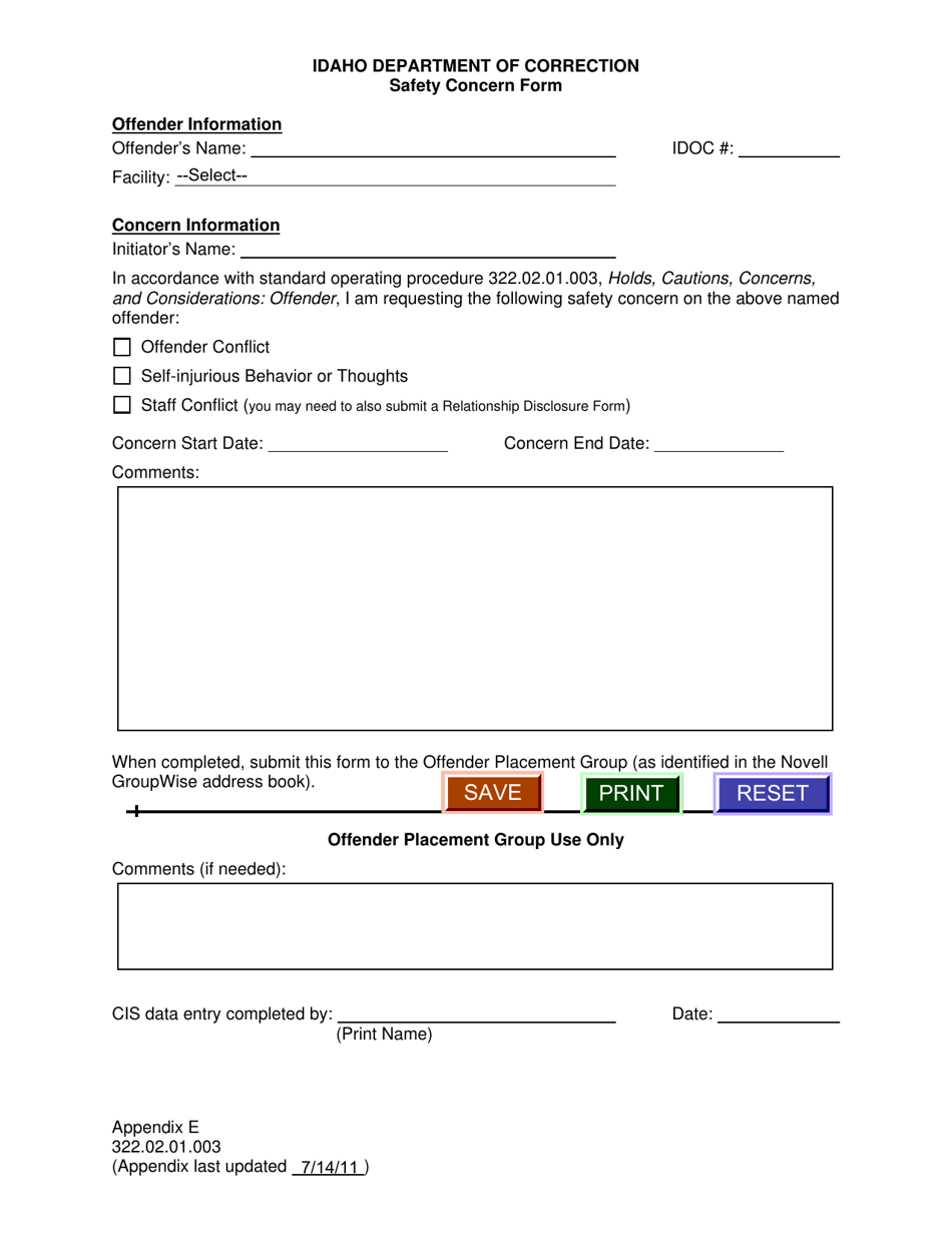 Idaho Safety Concern Form - Fill Out, Sign Online and Download PDF ...