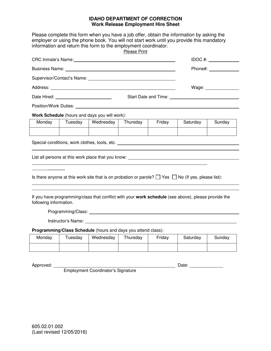 Idaho Work Release Employment Hire Sheet - Fill Out, Sign Online and ...
