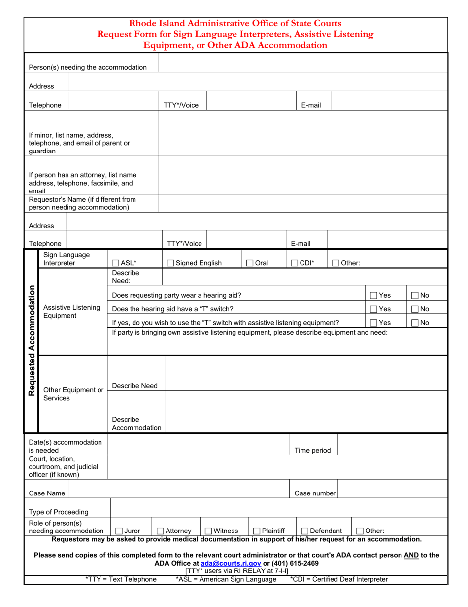 Rhode Island Request Form for Sign Language Interpreters, Assistive Listening Equipment, or ...