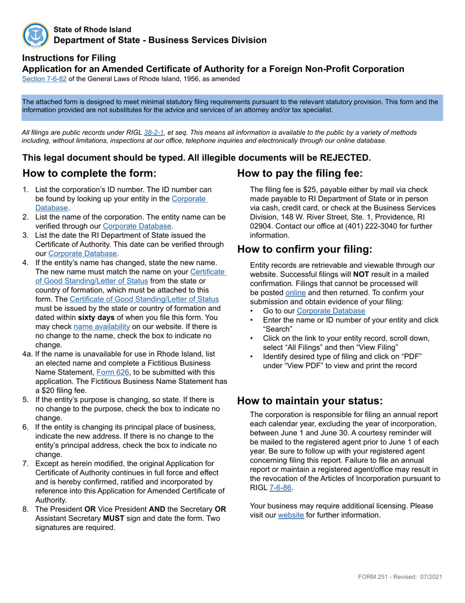 Form 251 - Fill Out, Sign Online and Download Fillable PDF, Rhode ...