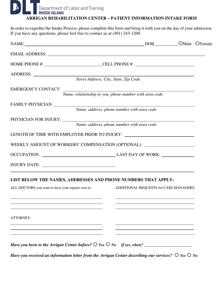 Rhode Island Arrigan Rehabilitation Center - Patient Information Intake ...