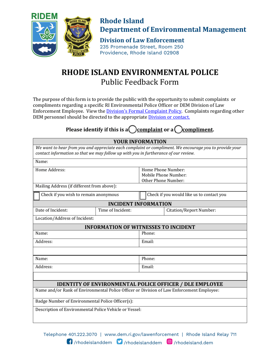 Rhode Island Rhode Island Environmental Police Public Feedback Form ...