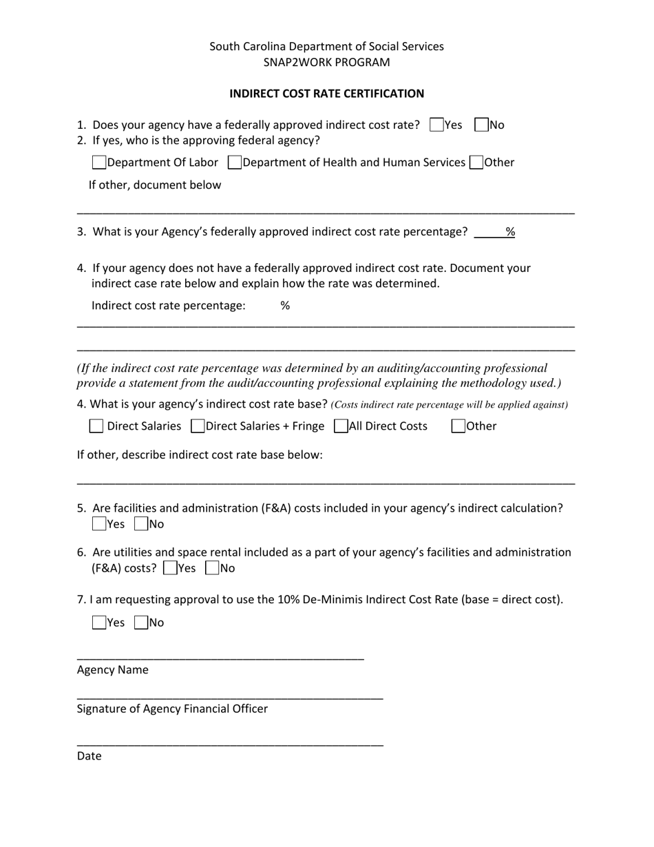 South Carolina Indirect Cost Rate Certification - Snap2work Program ...