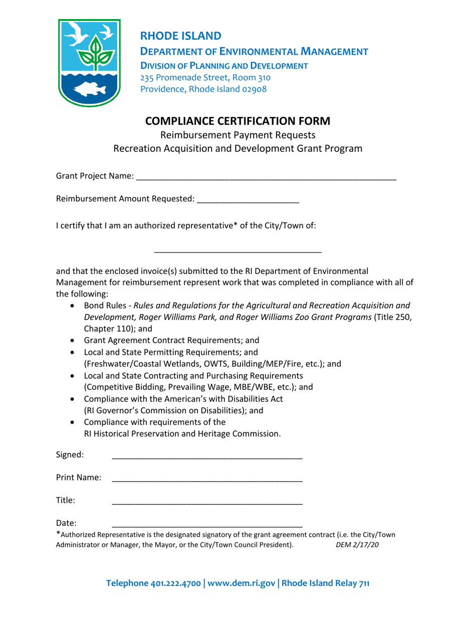 Rhode Island Compliance Certification Form - Reimbursement Payment ...