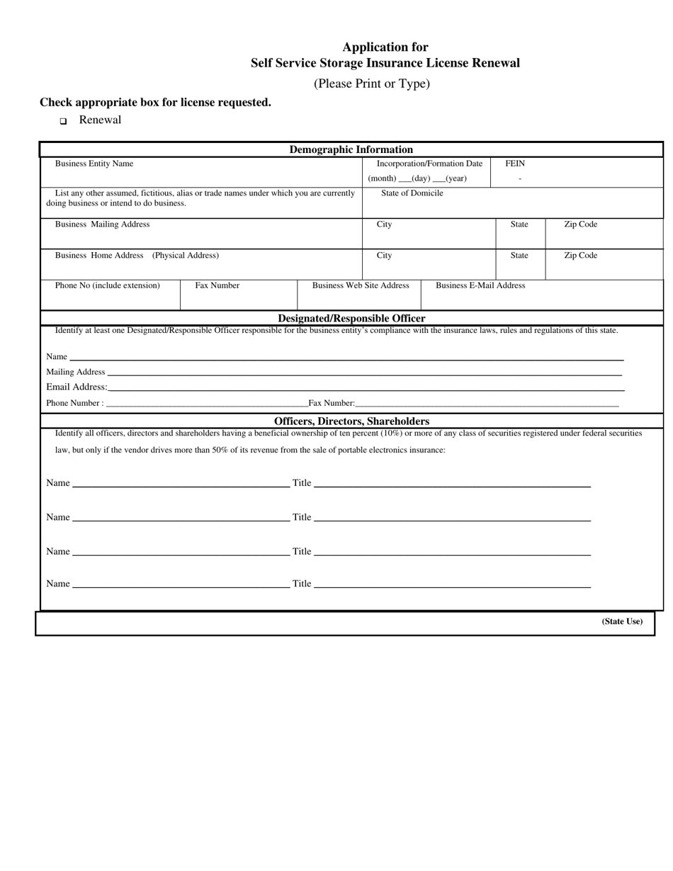 South Carolina Application for Self Service Storage Insurance License ...