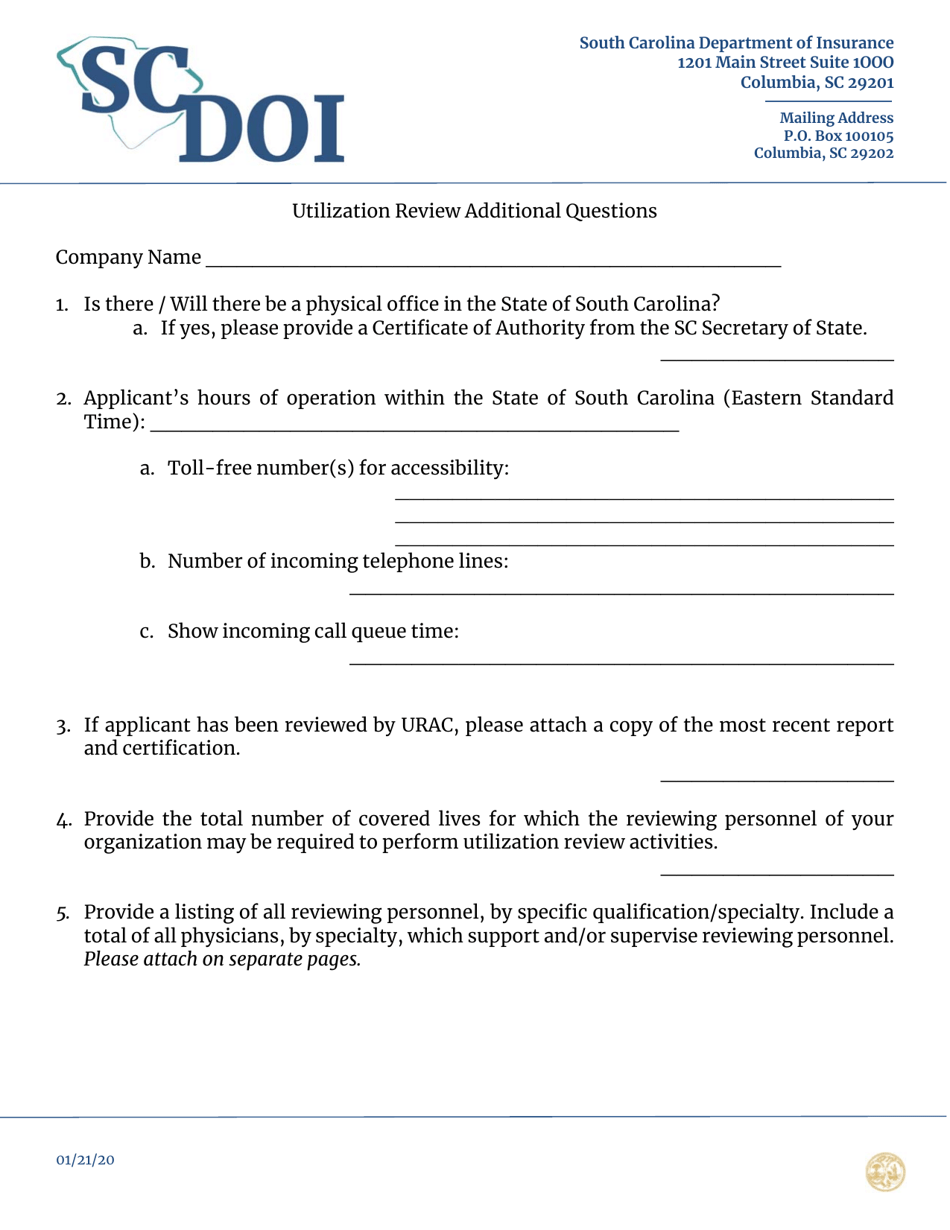 South Carolina Utilization Review Additional Questions - Fill Out, Sign ...