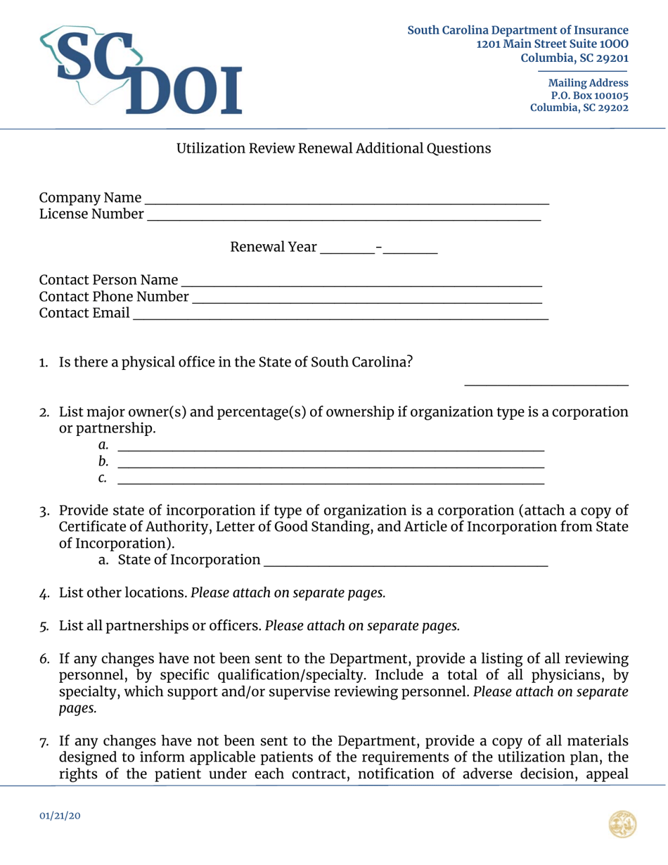 South Carolina Utilization Review Renewal Additional Questions - Fill ...