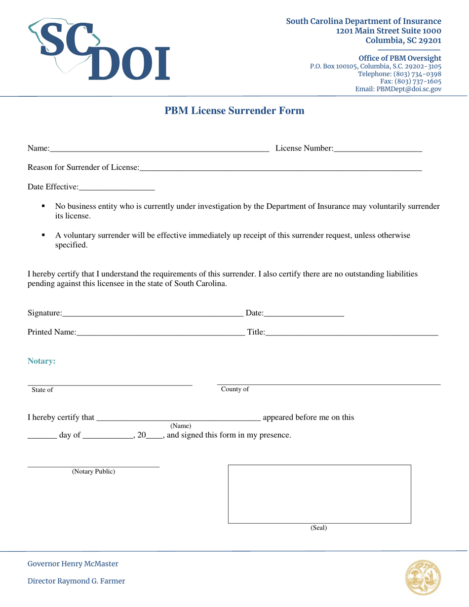 South Carolina Pbm License Surrender Form - Fill Out, Sign Online and ...