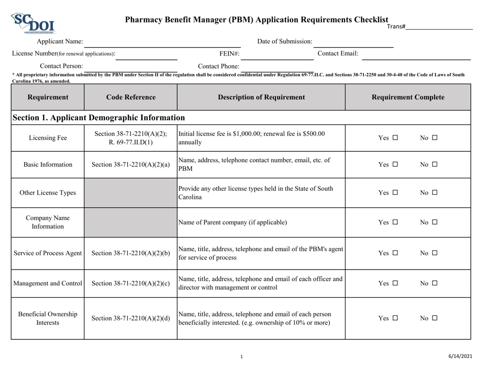 South Carolina Pharmacy Benefit Manager (Pbm) Application Requirements ...