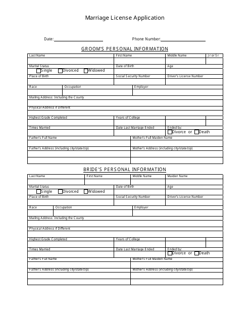 Marriage License Application Form Download Fillable PDF Templateroller