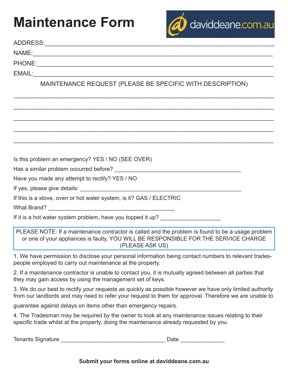 Maintenance Form - Daviddeane - Fill Out, Sign Online and Download PDF ...
