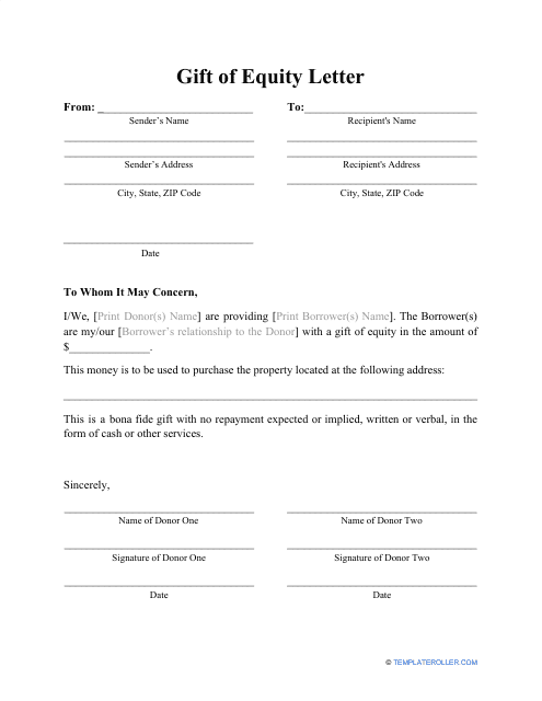 Gift Of Equity Letter Template Download Printable PDF Templateroller