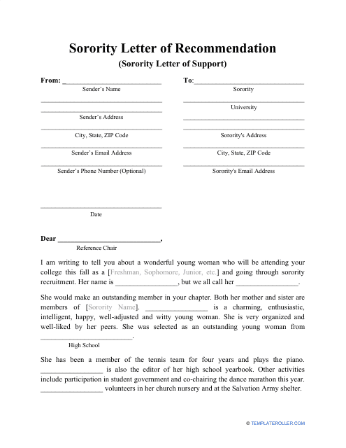 Sorority Letter Of Recommendation Template Download Printable PDF 