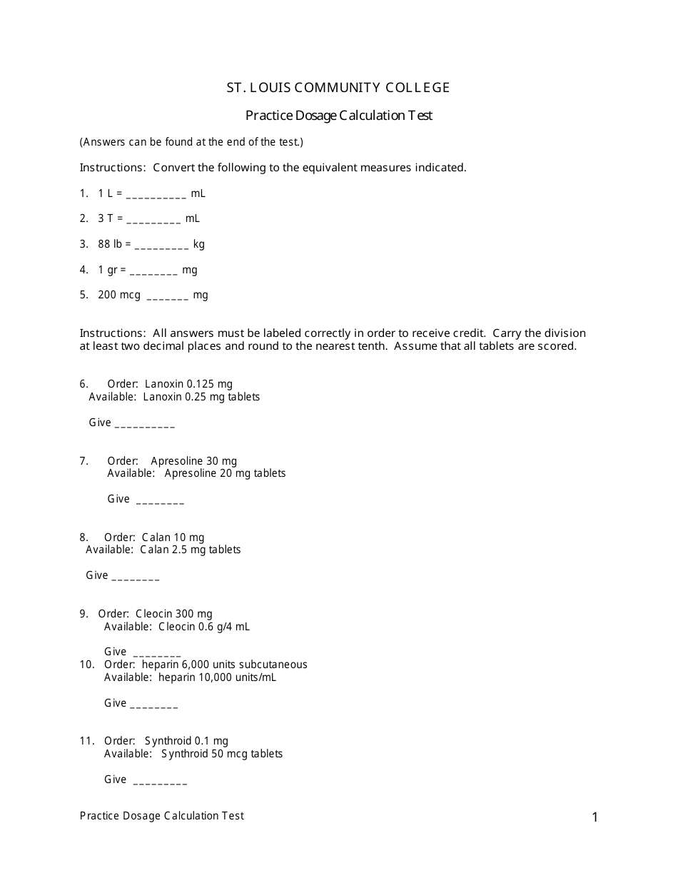 Practice Dosage Calculation Test With Answer Key St Louis Community Practice Dosage Calculation Test With Answer Key St Louis Community