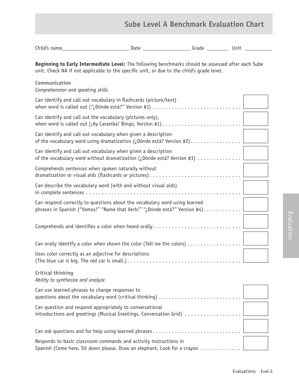 Sube Level a Benchmark Evaluation Chart Template Download Printable PDF ...