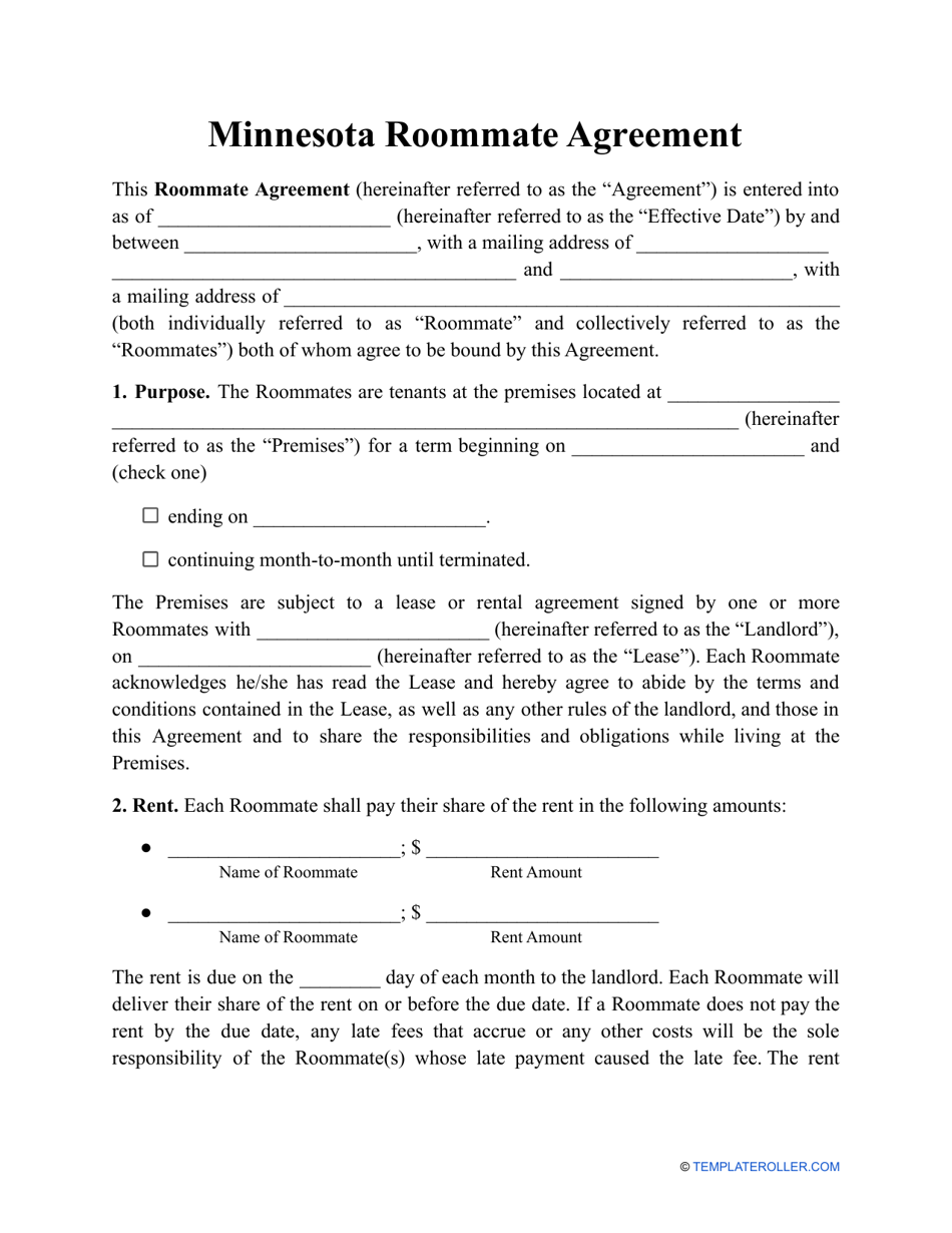Minnesota Roommate Agreement Template - Fill Out, Sign Online and ...