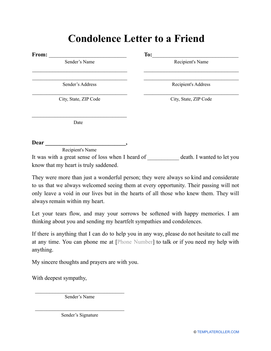 Condolence Letter to a Friend Template Download Printable PDF ...