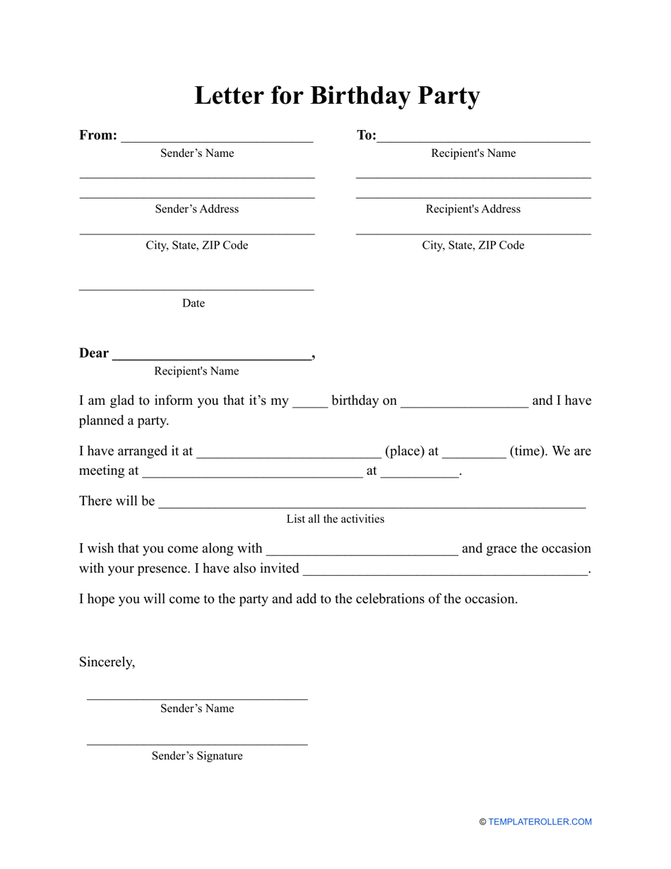 Letter for Birthday Party Template Download Printable PDF | Templateroller