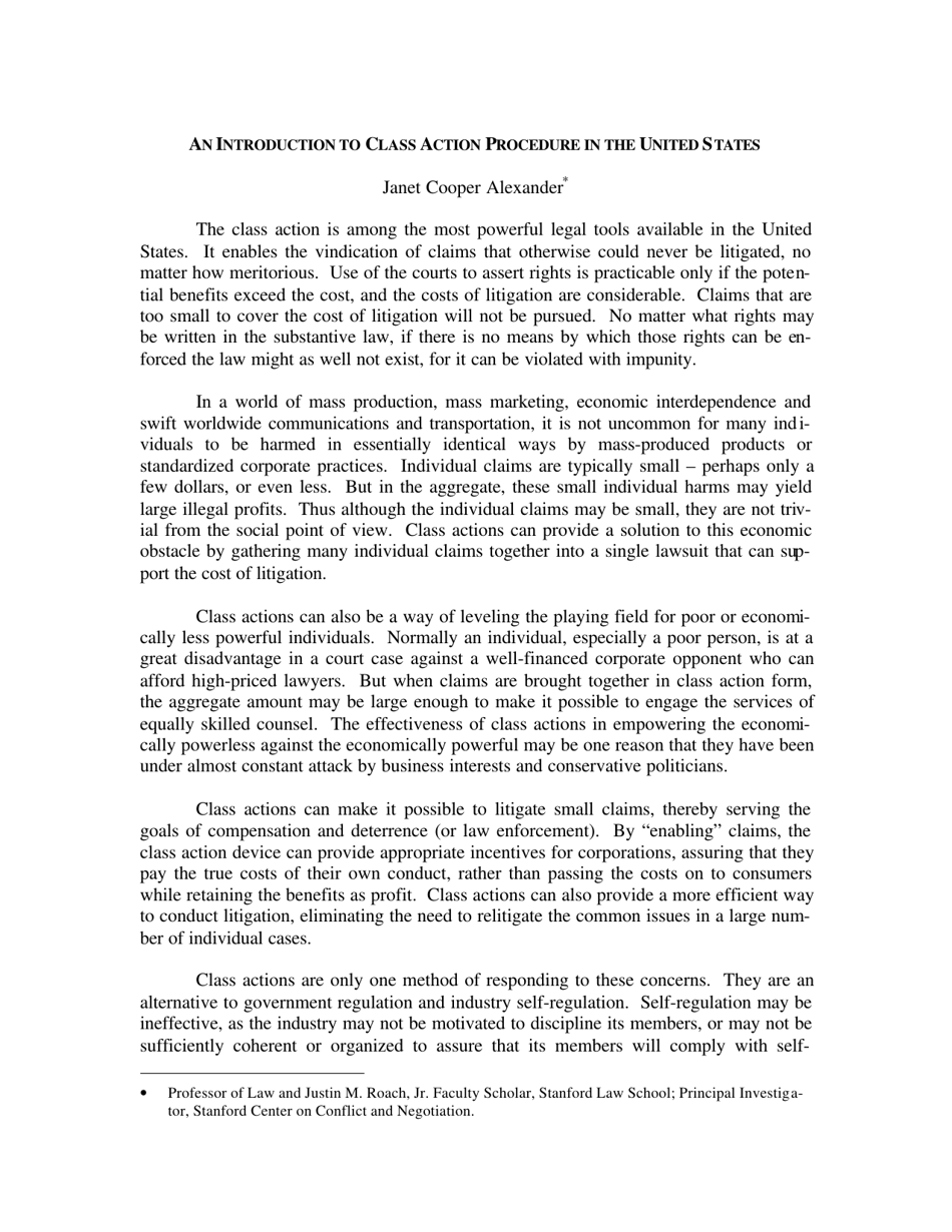An Introduction to Class Action Procedure in the United States - Janet ...