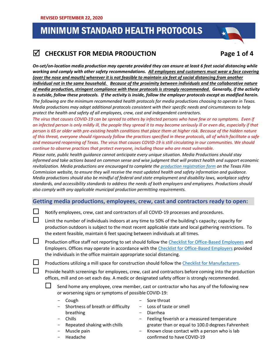Texas Minimum Standard Health Protocols - Checklist for Media ...