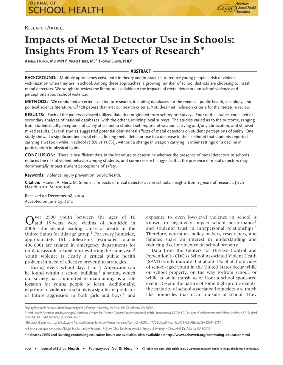 Impacts of Metal Detector Use in Schools: Insights From 15 Years of ...