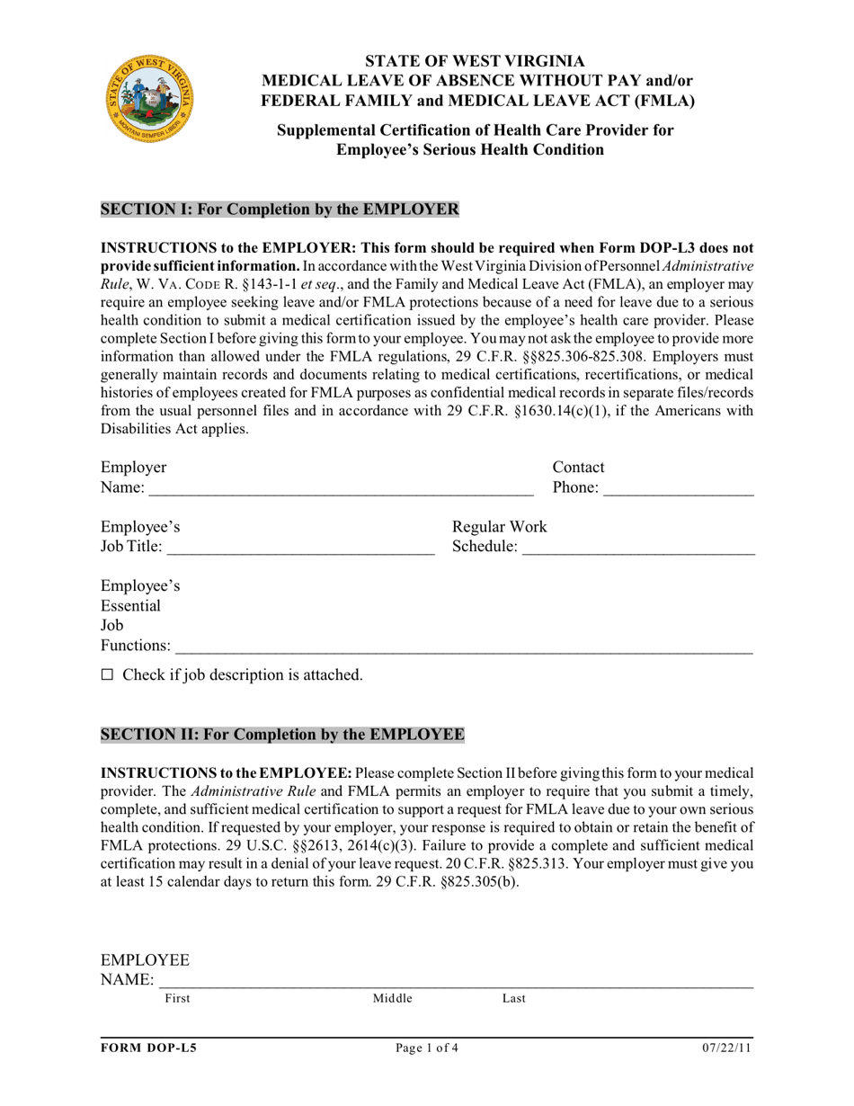 Form DOP-L5 Download Fillable PDF or Fill Online Supplemental Certification of Health Care ...