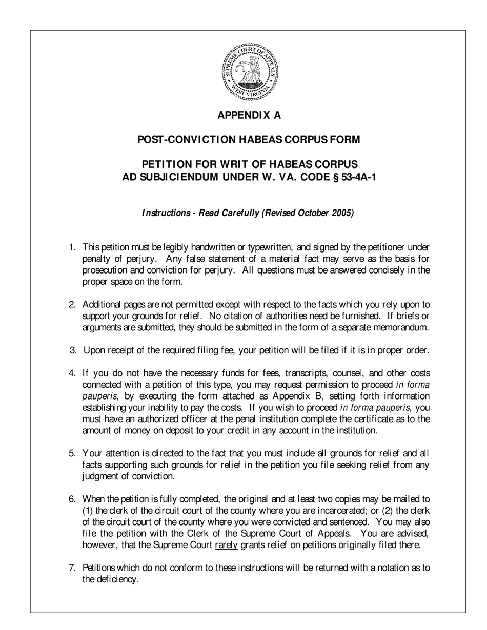 West Virginia Post-conviction Habeas Corpus Form - Petition for Writ of ...