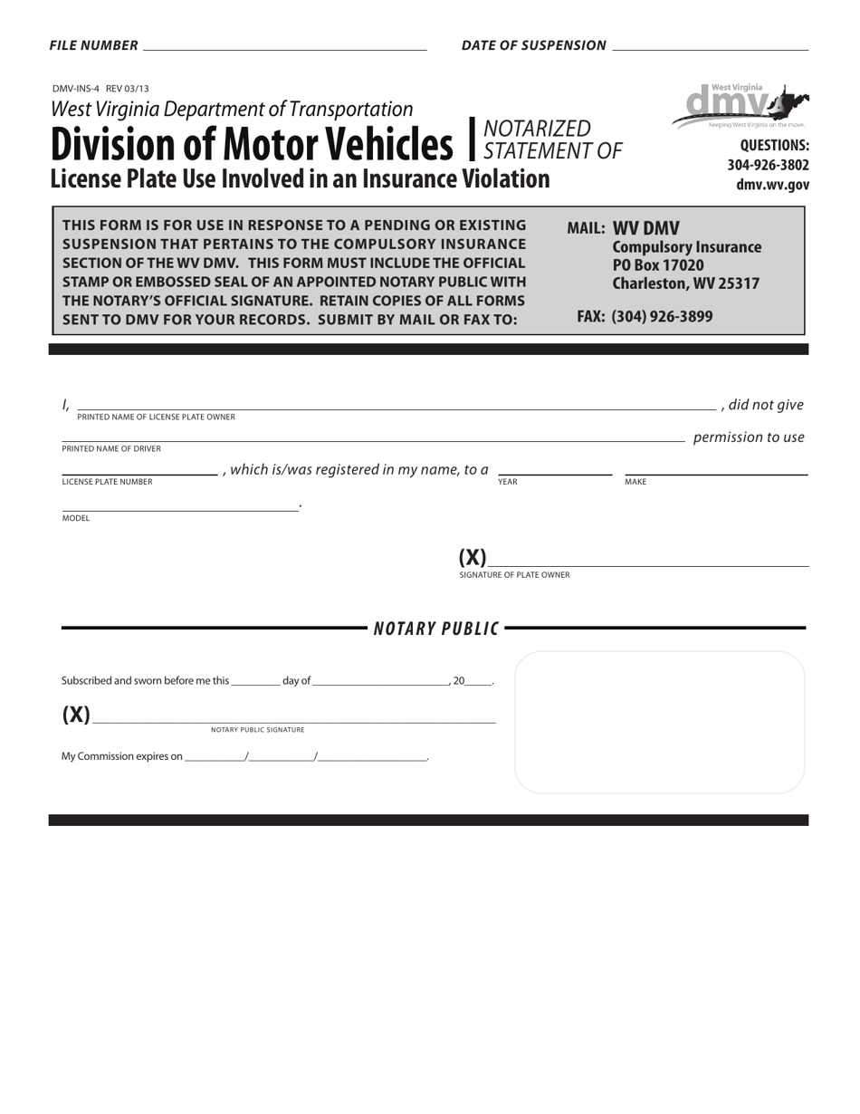 Form DMV-INS-4 - Fill Out, Sign Online and Download Fillable PDF, West Virginia | Templateroller