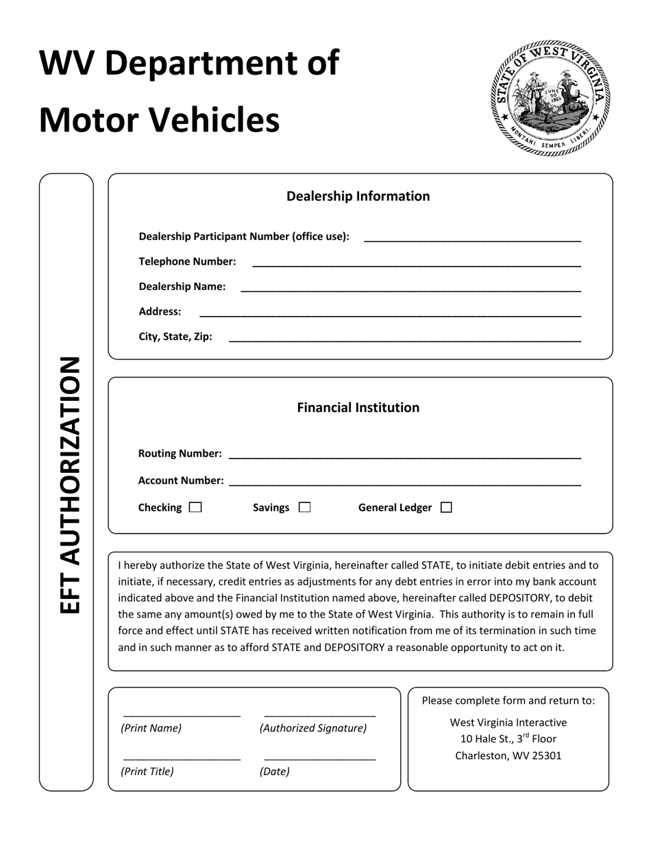 West Virginia Eft Authorization - Fill Out, Sign Online and Download ...