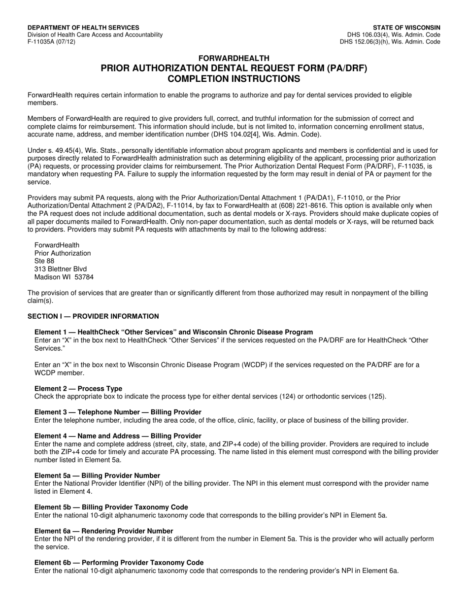 Download Instructions for Form F-11035 Prior Authorization Dental ...