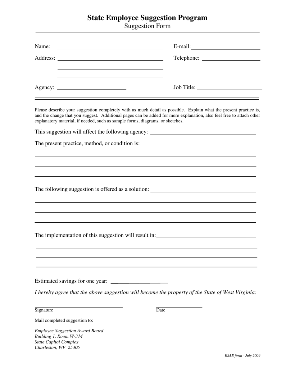 West Virginia Suggestion Form - State Employee Suggestion Program ...