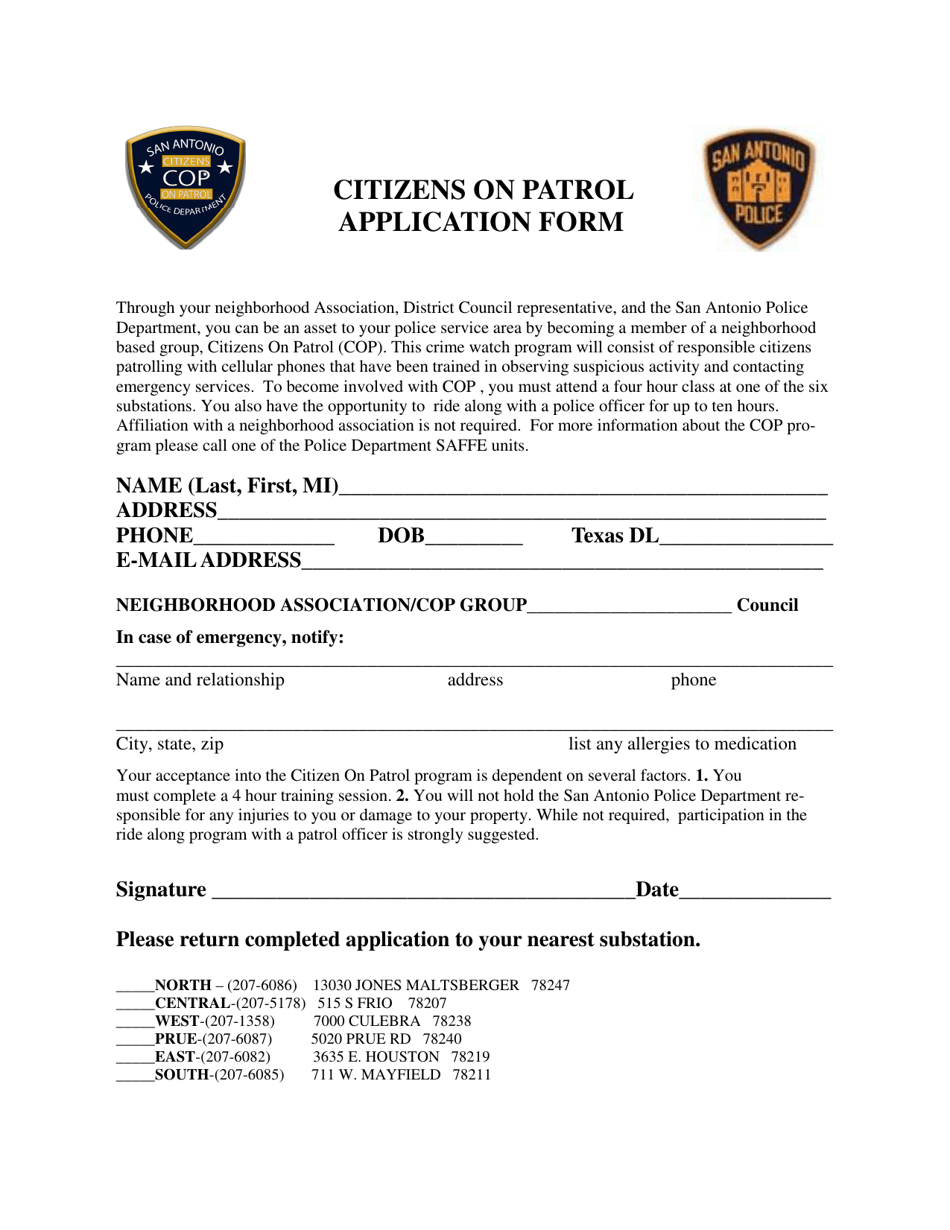 City of San Antonio, Texas Citizens on Patrol Application Form - Fill ...