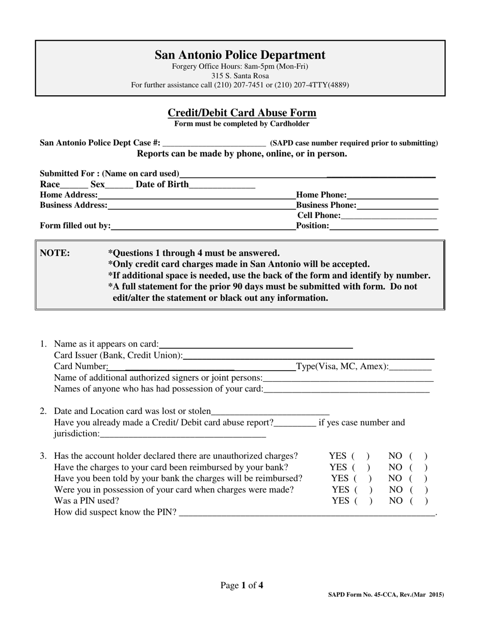 SAPD Form 45-CCA - Fill Out, Sign Online and Download Printable PDF ...