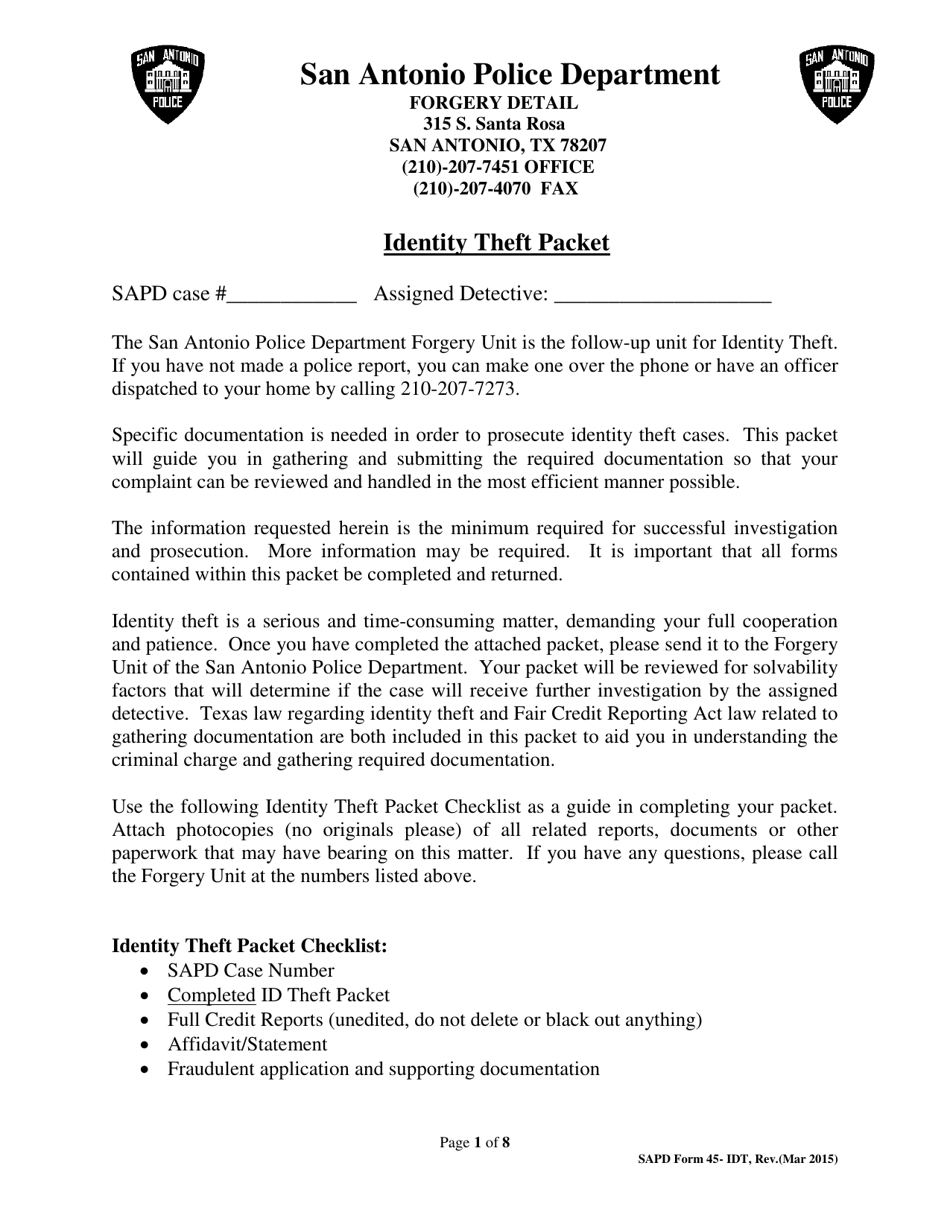 SAPD Form 45-IDT - Fill Out, Sign Online and Download Printable PDF ...