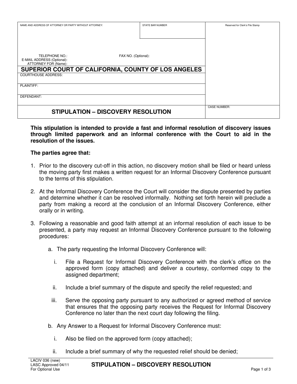 Form LACIV036 - Fill Out, Sign Online and Download Fillable PDF, County ...