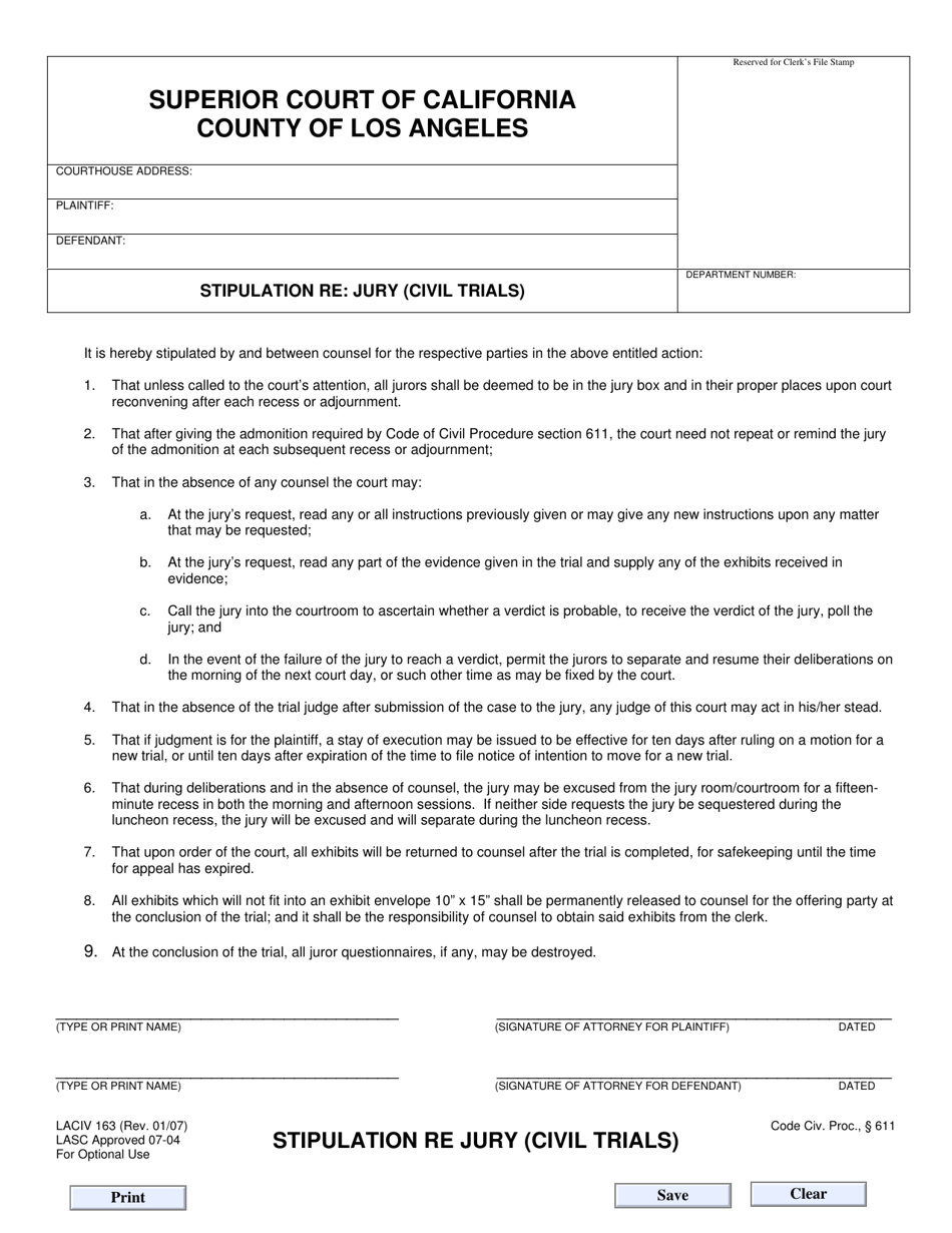 Form LACIV163 - Fill Out, Sign Online and Download Fillable PDF, County ...
