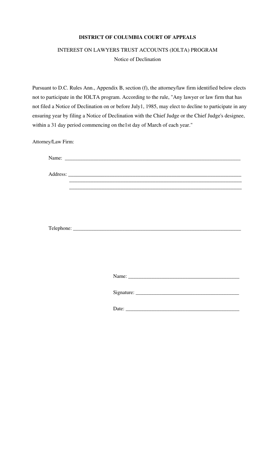 Washington, D.C. Notice of Declination - Interest on Lawyers Trust ...