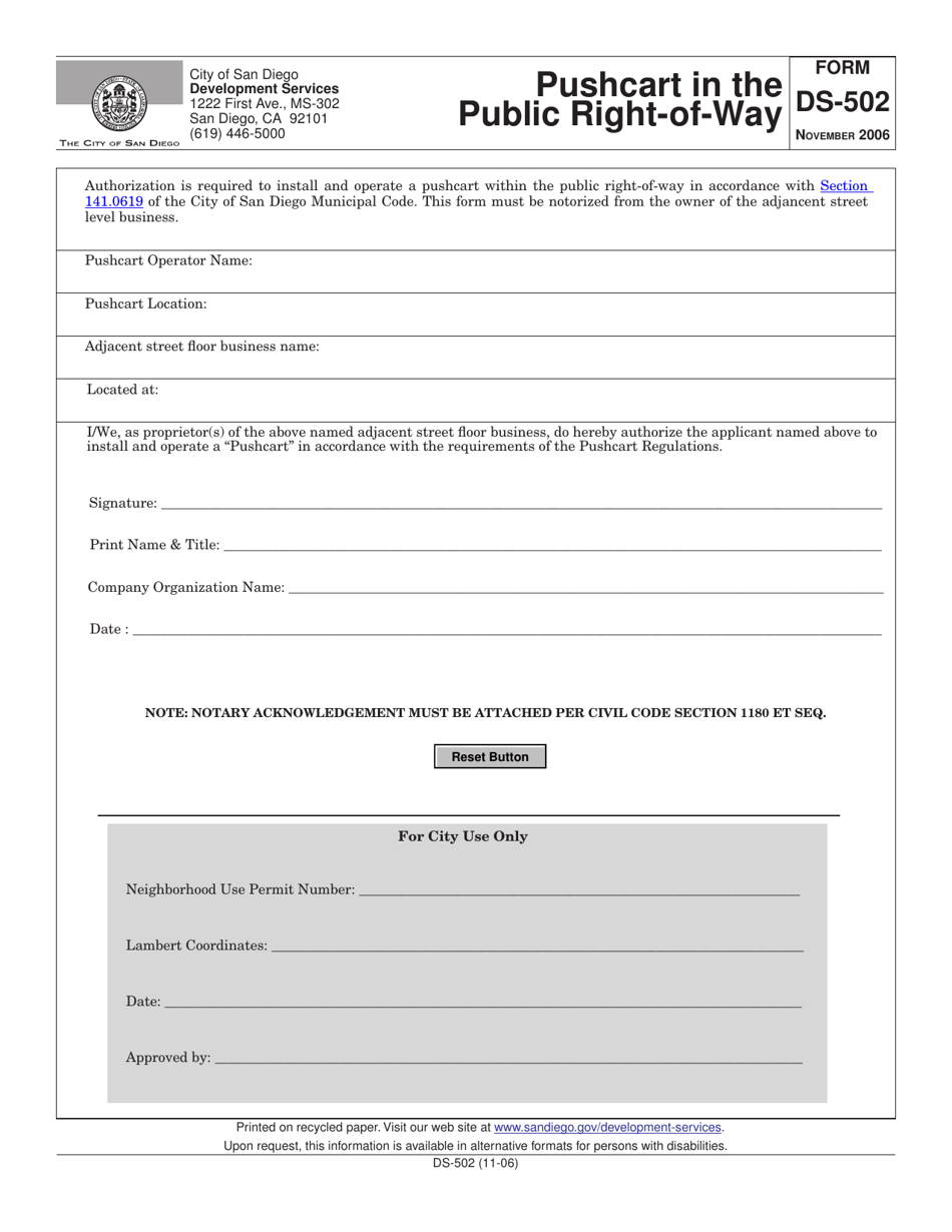 Form DS-502 - Fill Out, Sign Online and Download Fillable PDF, City of ...