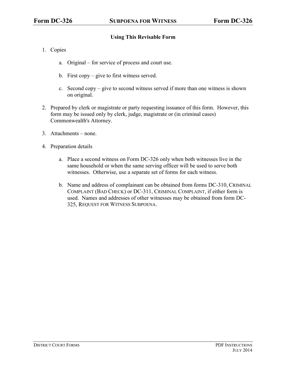 Download Instructions for Form DC-326 Subpoena for Witness PDF ...
