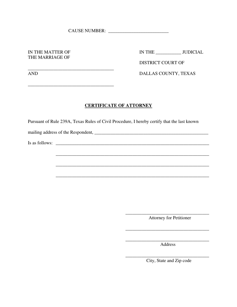 Dallas County, Texas Certificate of Attorney - Family - Fill Out, Sign ...