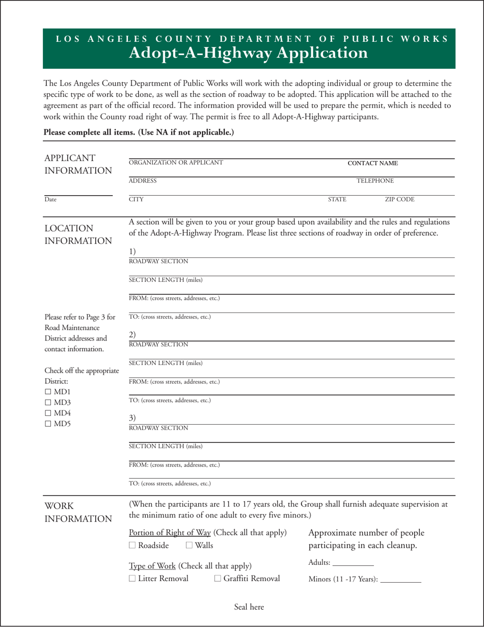 Los Angeles County, California Adopt-A-highway Application - Fill Out ...