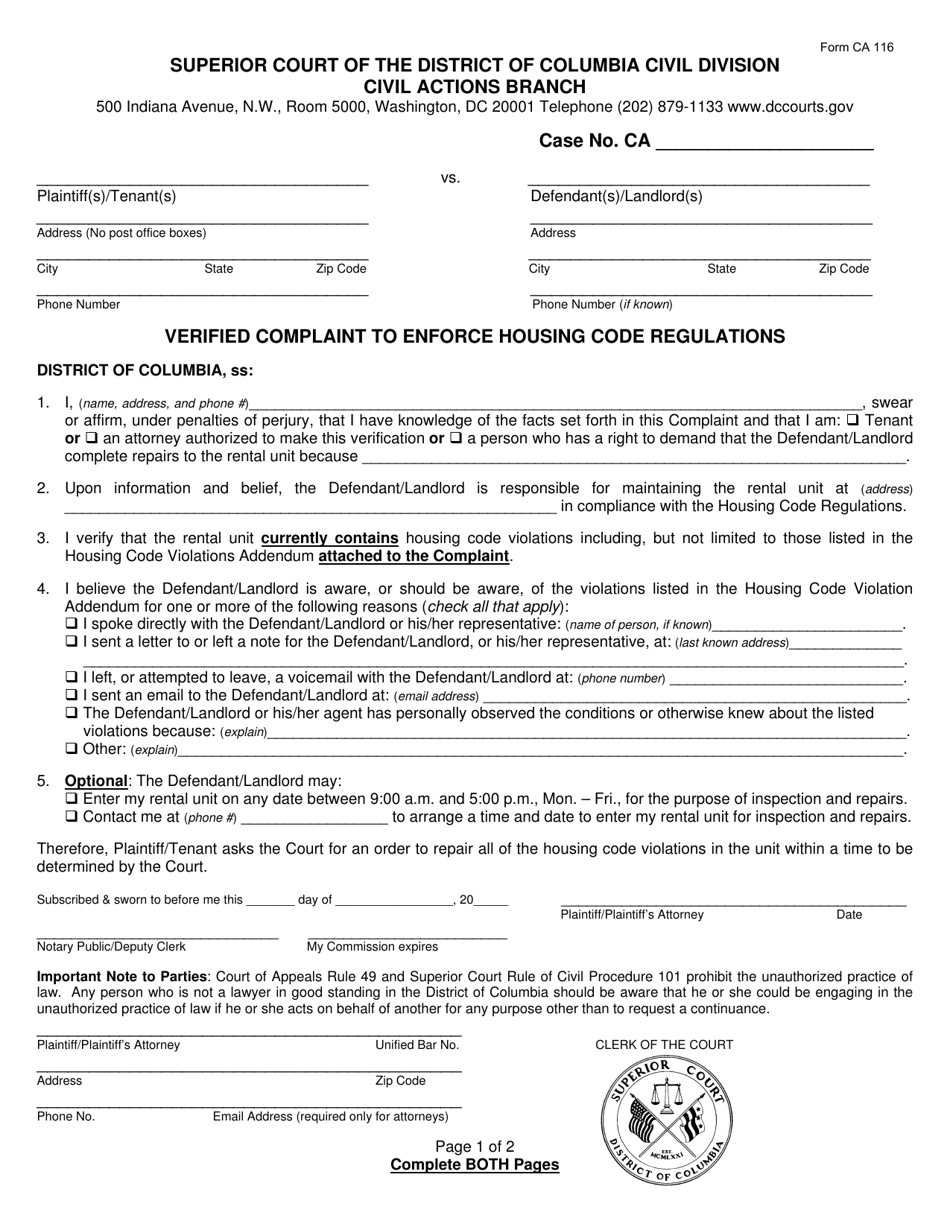 Form CA116 - Fill Out, Sign Online and Download Fillable PDF ...