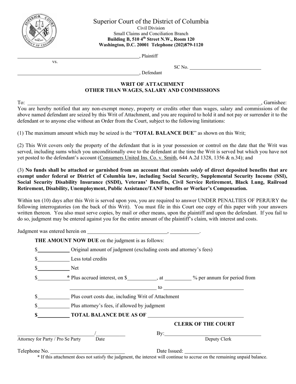 Washington, D.C. Small Claims Writ of Attachment Other Than Wages ...