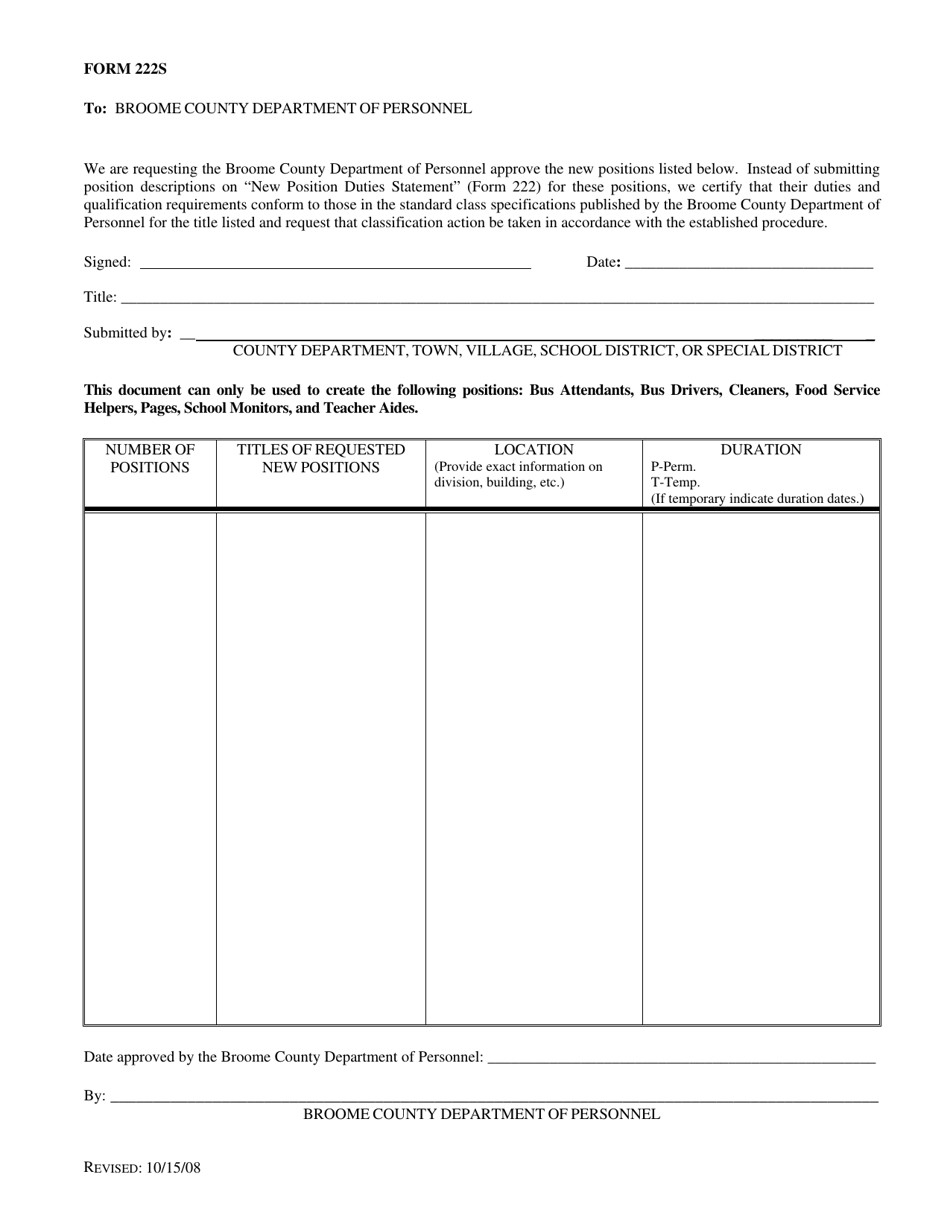 Form 222S - Fill Out, Sign Online and Download Fillable PDF, Broome ...