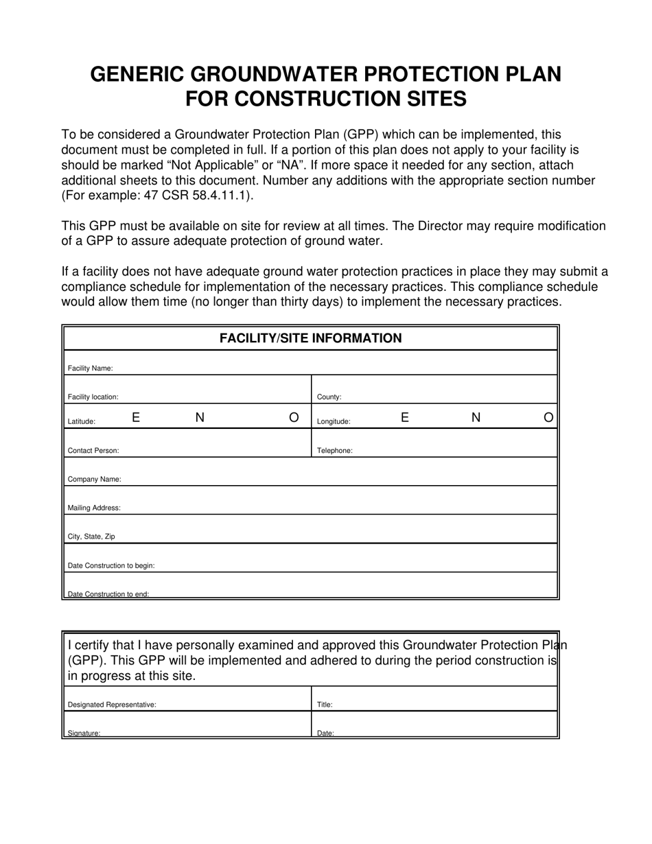 West Virginia Generic Groundwater Protection Plan for Construction ...