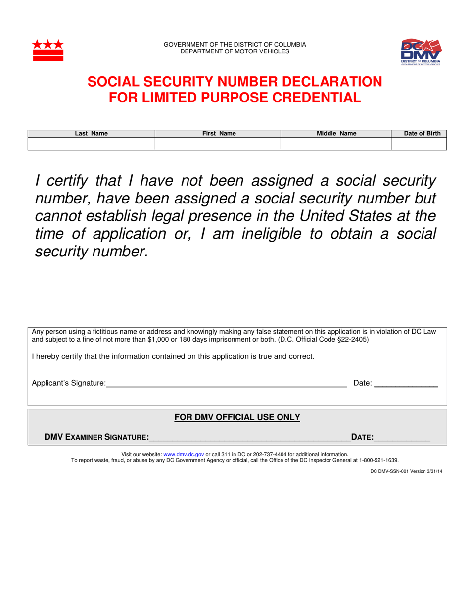 Form DC DMV-SSN-001 - Fill Out, Sign Online and Download Printable PDF ...