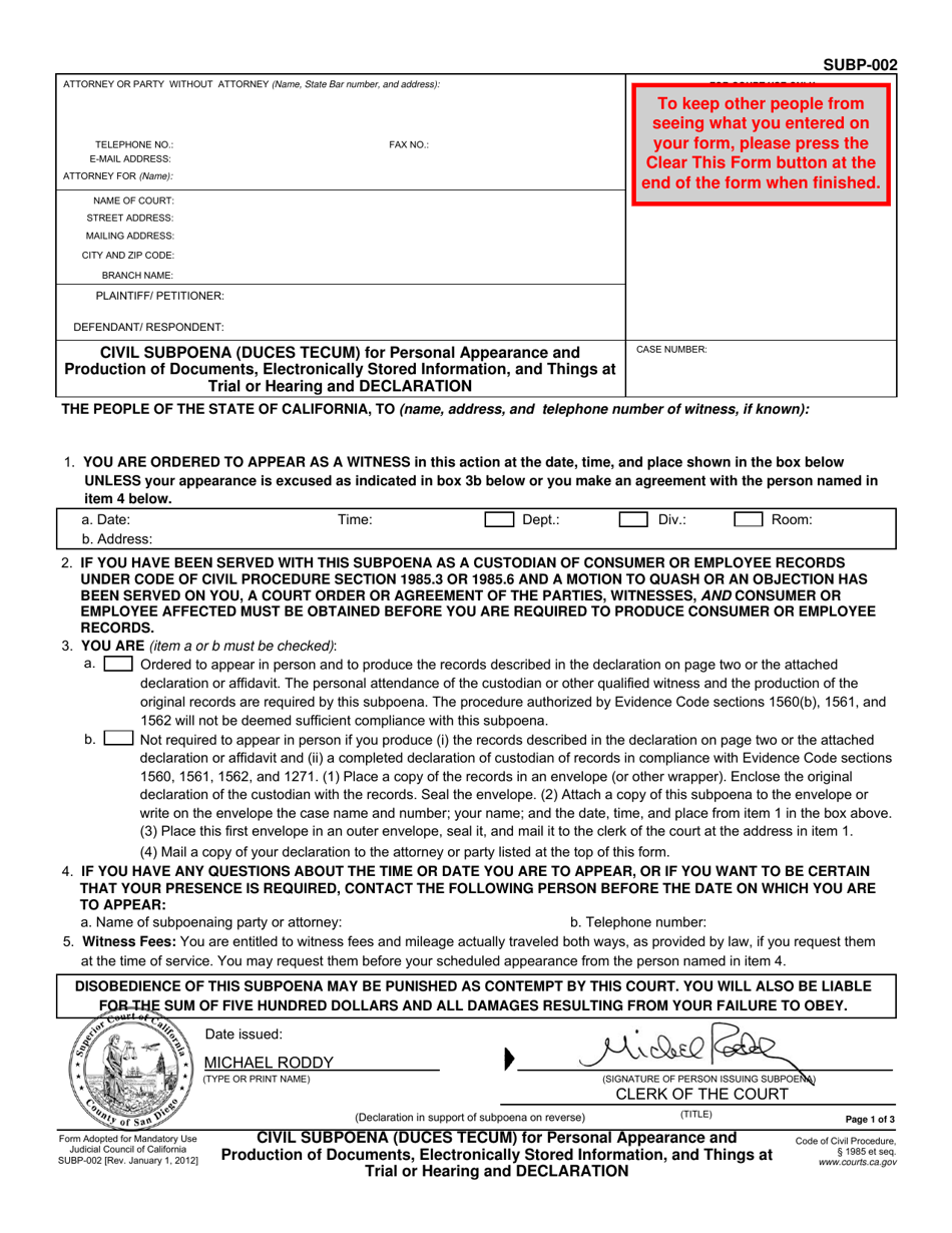 Form SUBP-002 - Fill Out, Sign Online and Download Fillable PDF, County ...