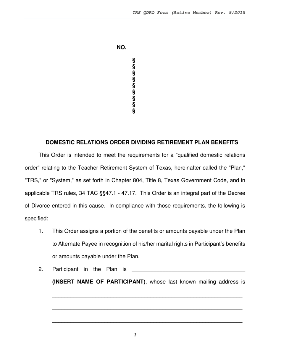 Texas Trs Model Domestic Relations Order (Dro) for Active Member - Fill ...